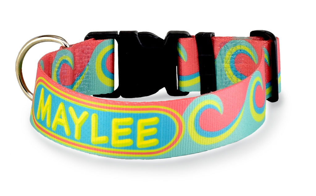 Waves in Pink/Aqua Personalized Dog Collar | Wagadoodle